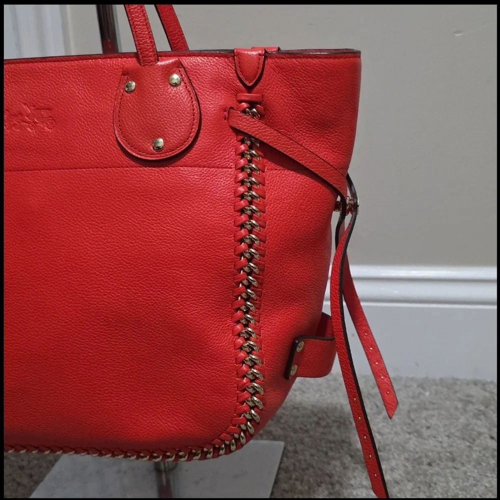 Coach | Bags | Coach Coralred Leather Tote With Whipstitch Accents ...